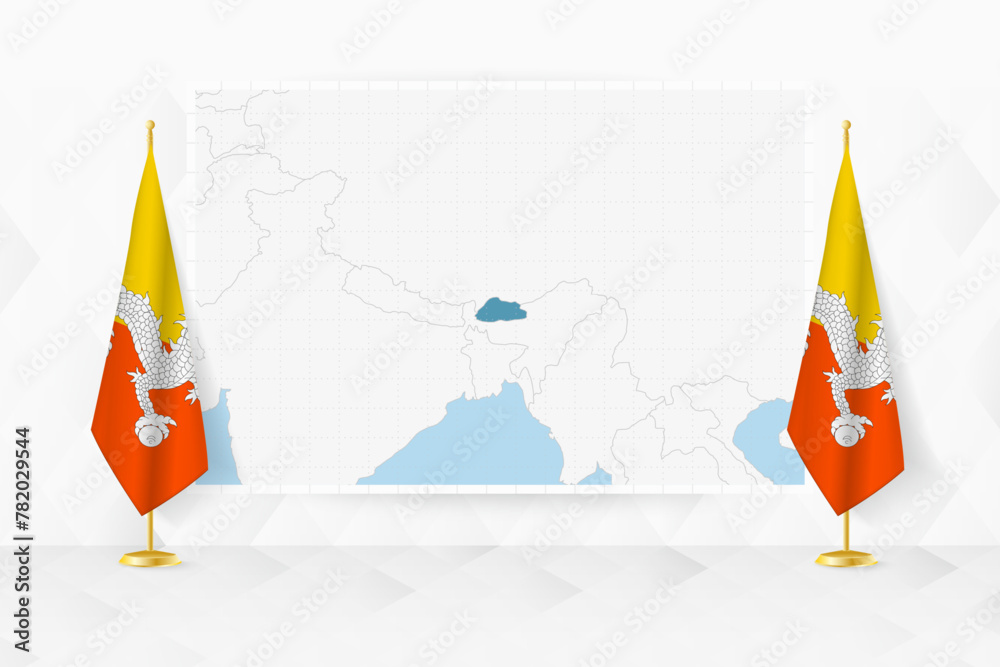 Map of Bhutan and flags of Bhutan on flag stand. Stock Vector | Adobe Stock
