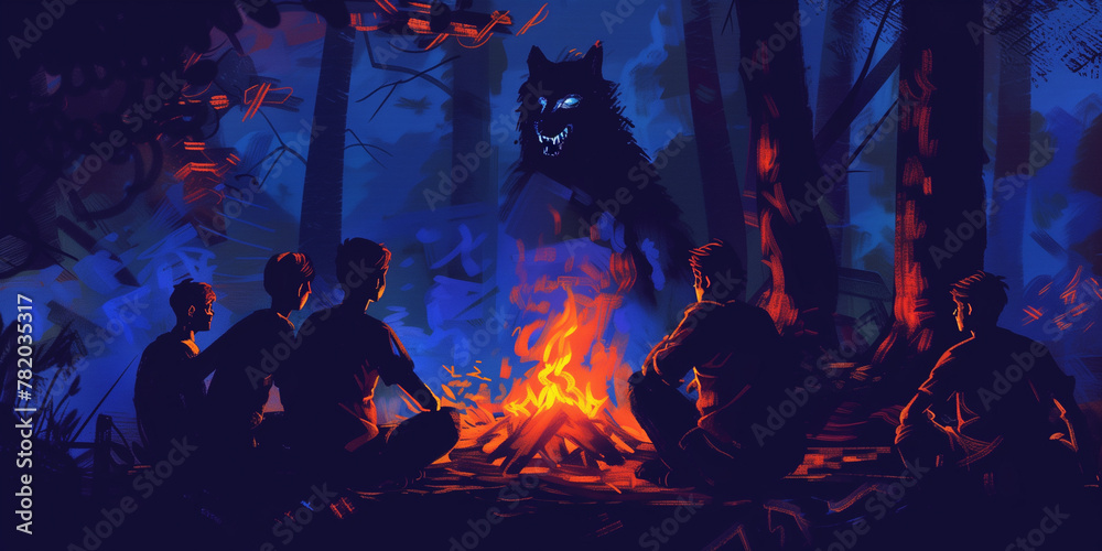 Young school boys telling scary campfire stories with a werewolf ...