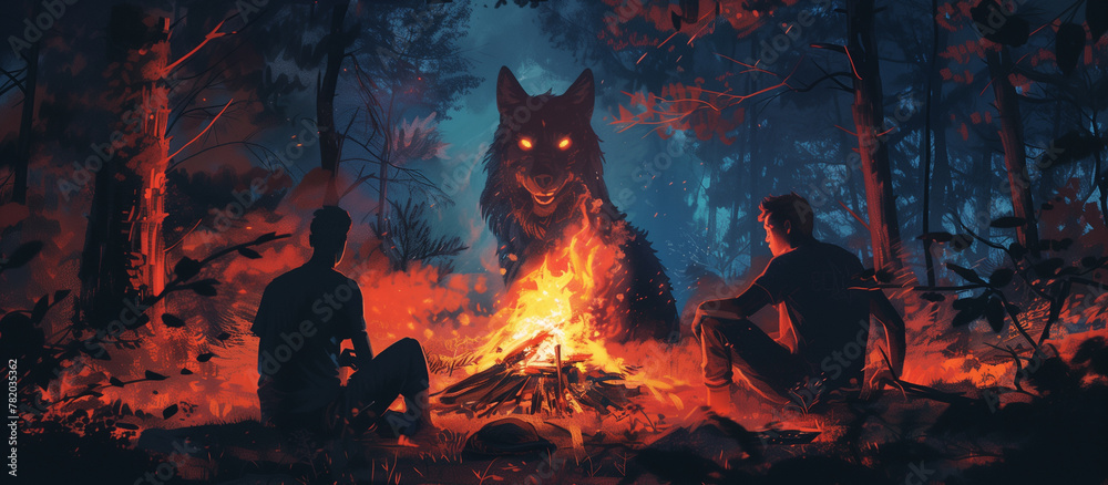 Young school boys telling scary campfire stories with a werewolf ...
