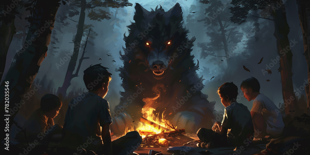Young school boys telling scary campfire stories with a werewolf ...