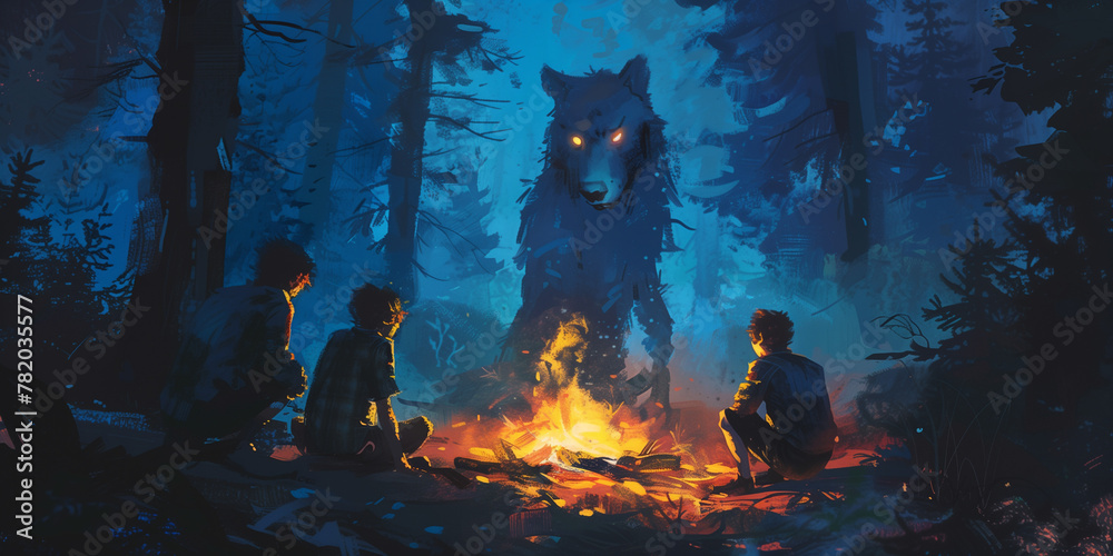 Young school boys telling scary campfire stories with a werewolf ...