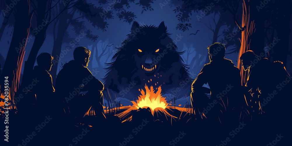 Young school boys telling scary campfire stories with a werewolf ...