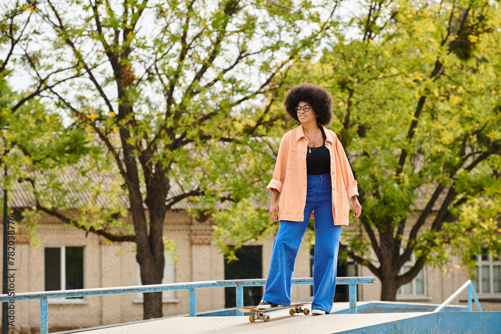 Young African American woman with curly hair skillfully riding a ...