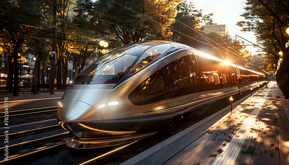 The outside of a cutting-edge bullet train hurtling through the ...