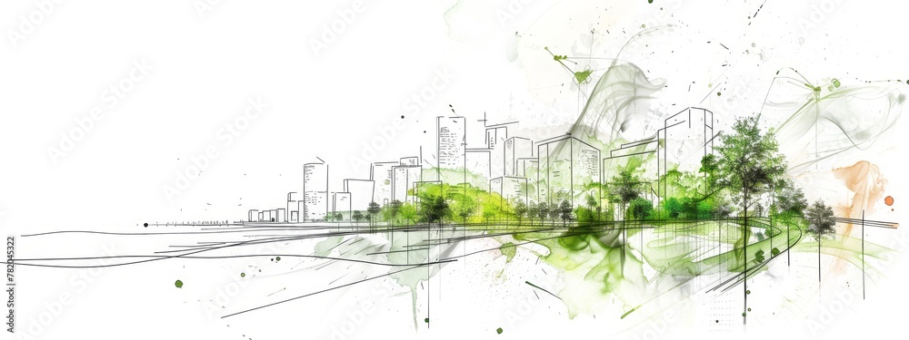sketch of an isolated green buildings promoting walkability and clean ...