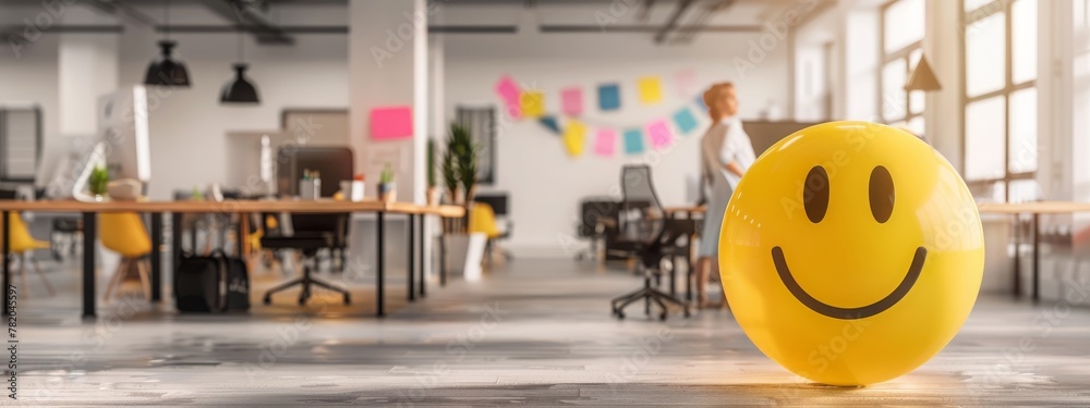 Positivity in workplace demonstrated by yellow smiling ball in office ...