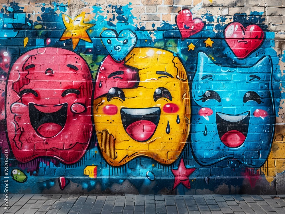 Emotional symbols graffiti mural, quirky background bricks wall, vivid ...