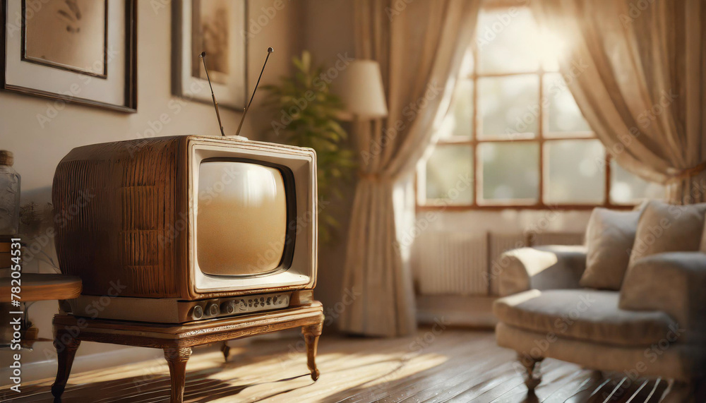 Old retro TV in a retro living room. sunlight through the window ...