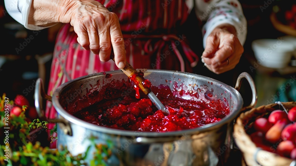 Grandma is making jam. The hands of an old woman who are stirring the ...