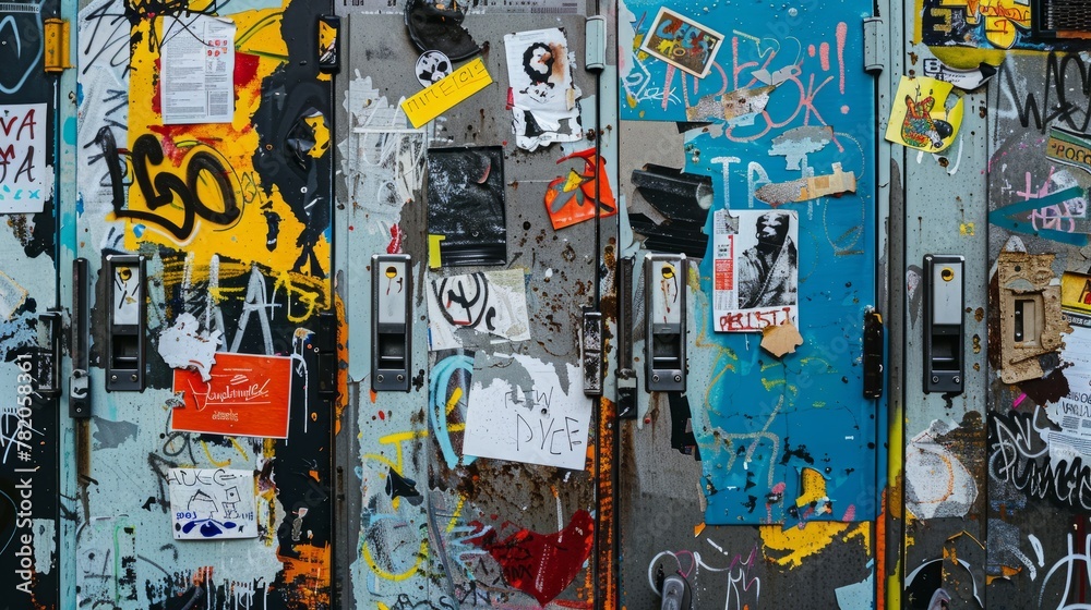 Various graffiti tags, designs, and messages cover the side of a ...