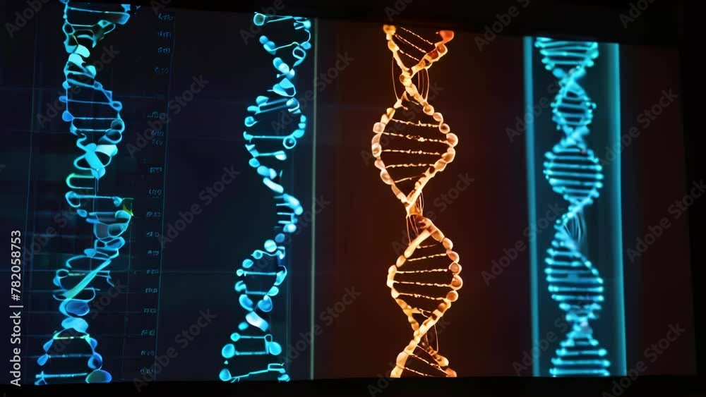 Various structures of glowing double helix DNA strands on dark screen ...