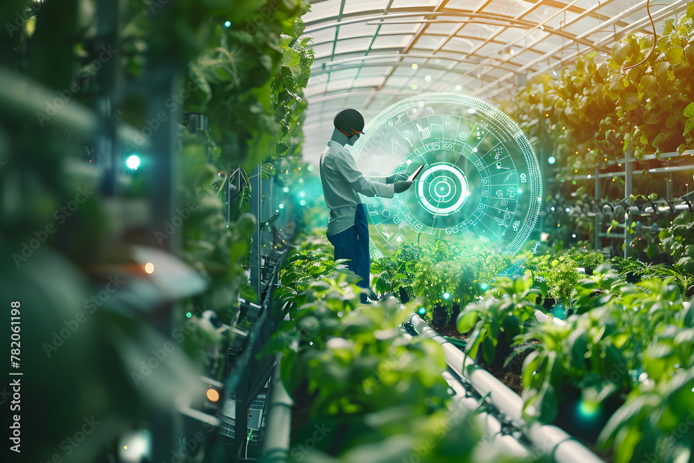 Futuristic farmer harvesting hydroponic plants in greenhouse using ...