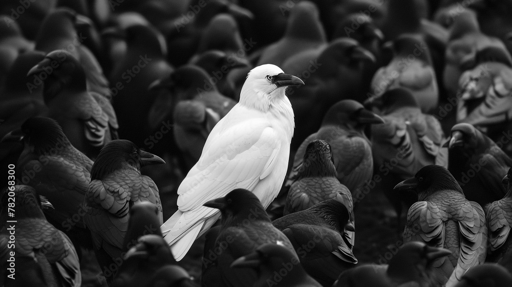 A white crow stands out in the middle of a crowd with black crow. - The ...