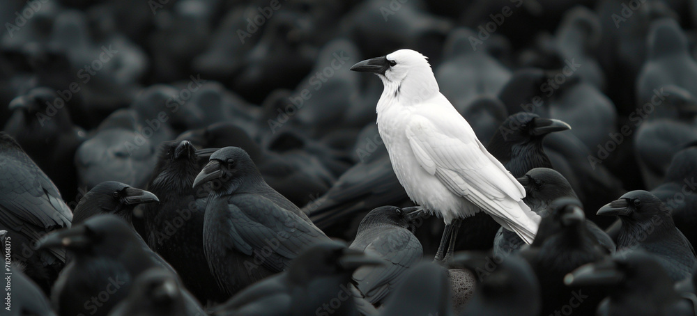 A white crow stands out in the middle of a crowd with black crow. - The ...