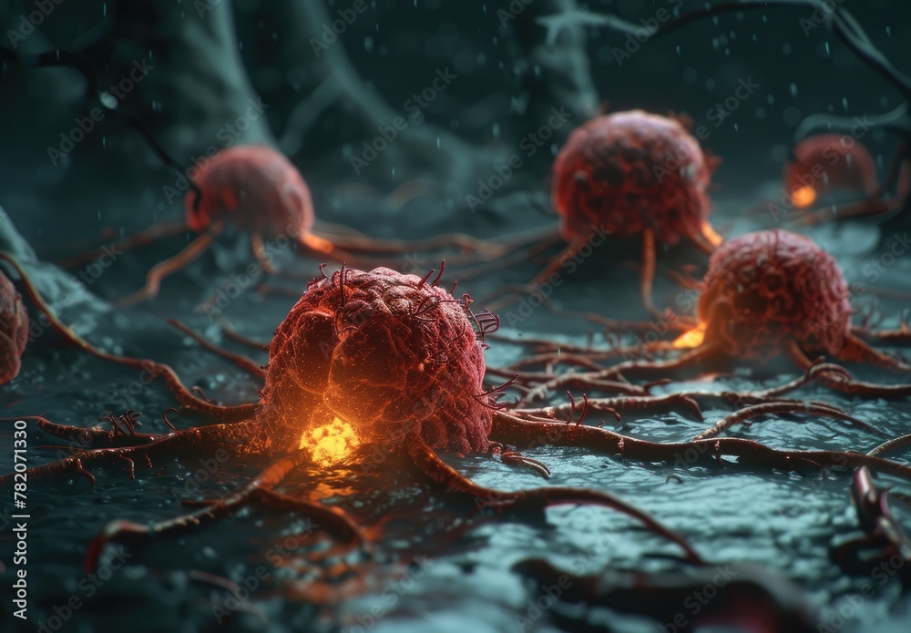 A single glowing cancer cell with sprawling tentacles stands out ...