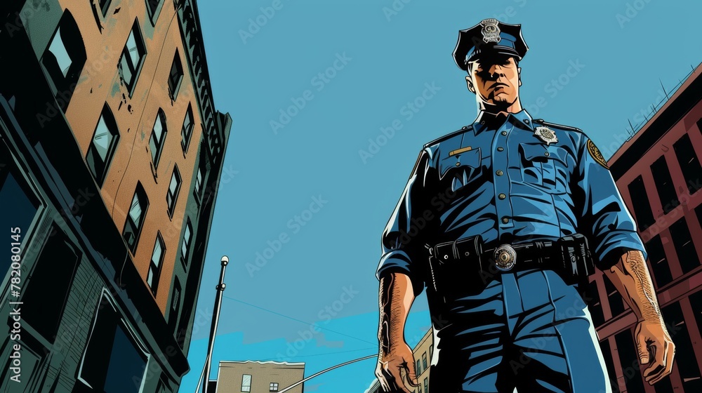 Vector illustration of police officer patrolling street. Comic book ...