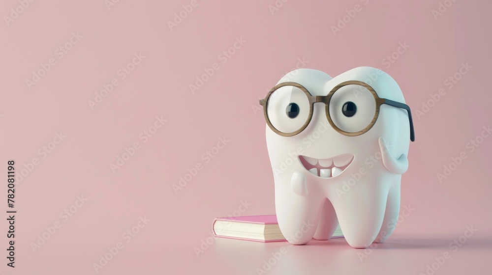 Cute cartoon character of tooth with eyeglasses and book. Stock Photo ...