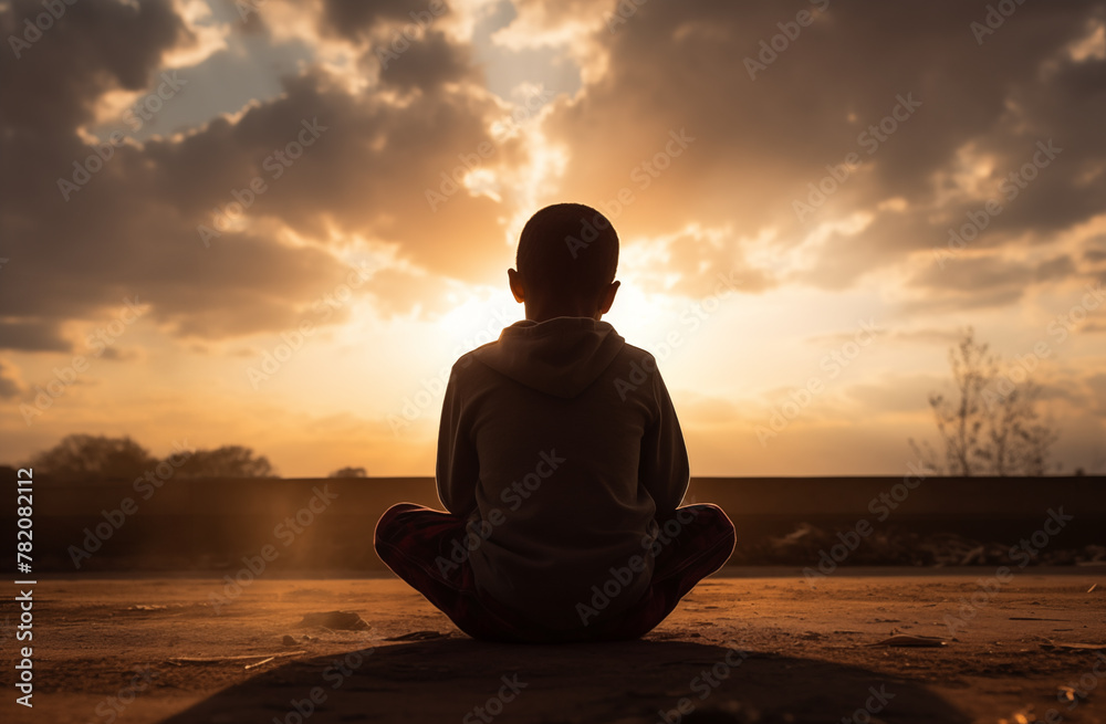 Prayer concept. Silhouette of a cute child boy in a praying pose. Set ...