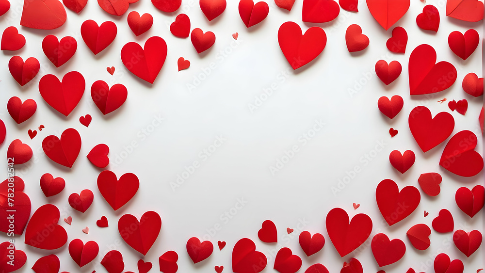 An array of red hearts of various sizes creating a border on a pure ...