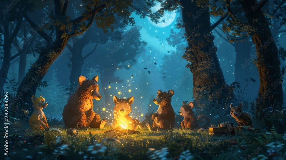 animals gathered around a campfire, regaling each other with funny ...