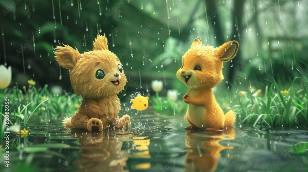 baby animals playing in a puddle after a rainstorm, their laughter ...