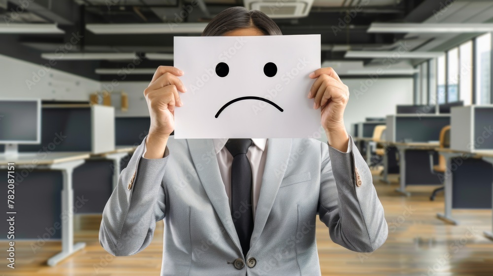 Cloaked in professional attire, the facade of a sad emoticon shrouds ...