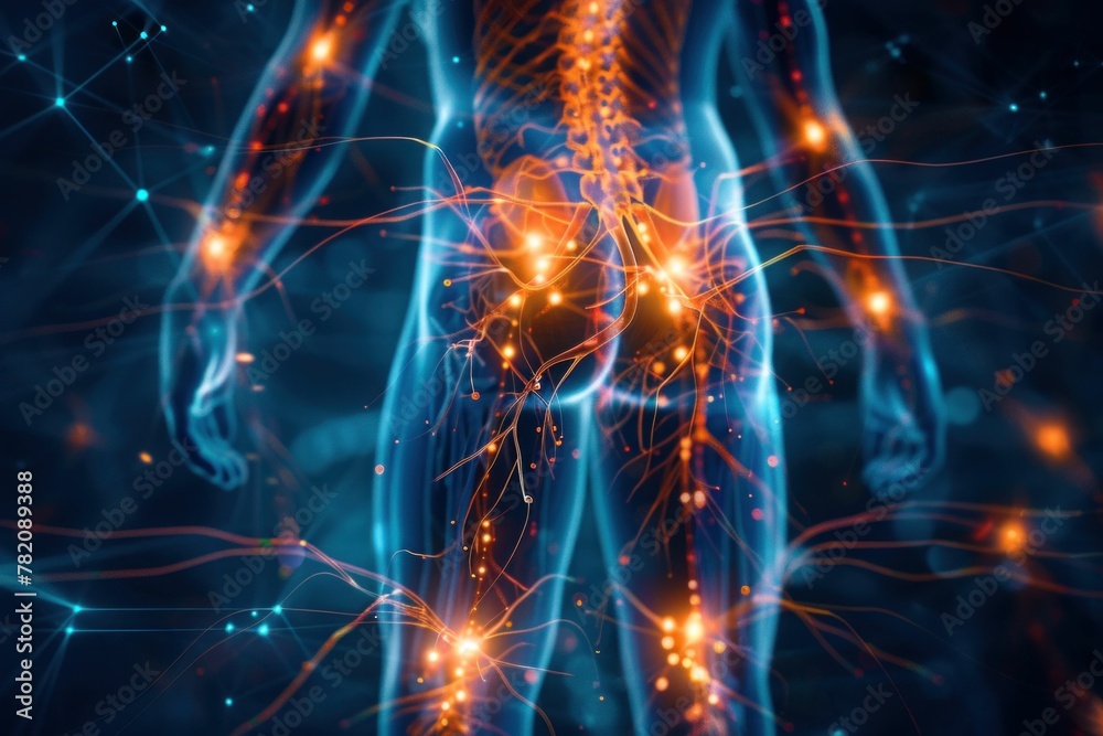 Anatomy of Human Nervous System Illuminated with Blue and Red Lights on ...