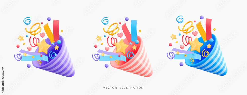 3D Party popper emoji with explosion confetti. Birthday surprise ...