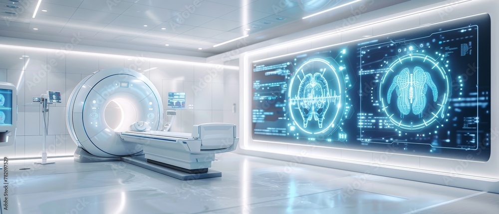 A state-of-the-art MRI scanner dominates this modern, brightly lit ...