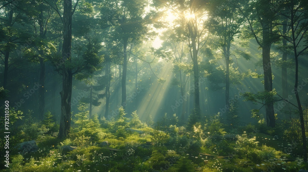 preserved forest natural wood, thick tree trunks, realistic self, sun ...