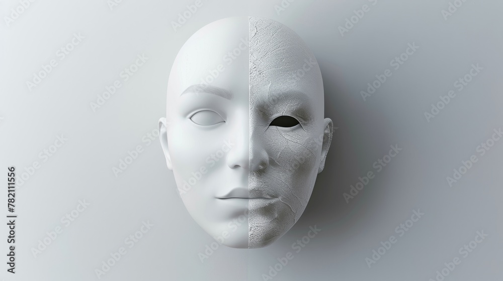Conceptual Image of a White Mask Split Between a Smooth and Cracked ...