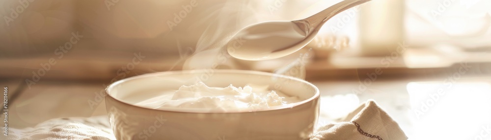 In the glow of the morning, the milk powder dissolves into warm water ...