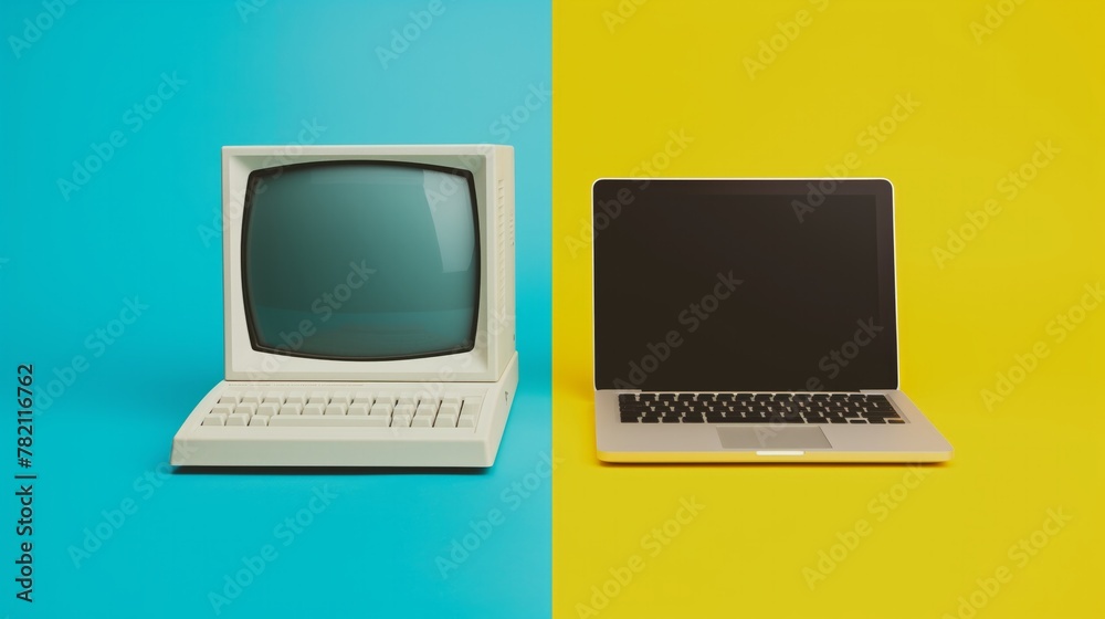 Old vs new technology computers isolated on colorful background. Stock ...