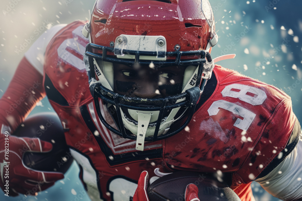 Portrait of an American rugby football player running across the ...