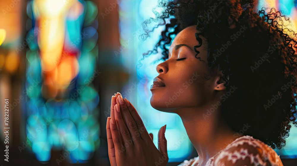 Prayer, christian and worship with black woman in church for god, holy ...