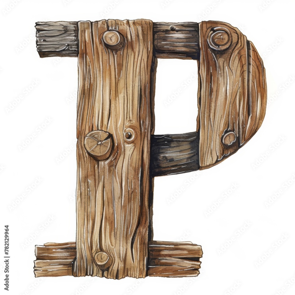 Rustic wooden letter P on white background. Crafted from a single piece ...