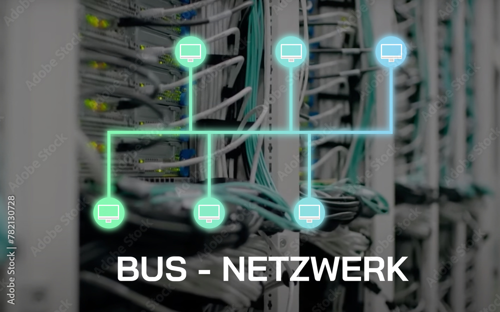 illustrierte Bus-Topologie- und Bus-Netzwerk-Schriftzug vor Kabeln und ...