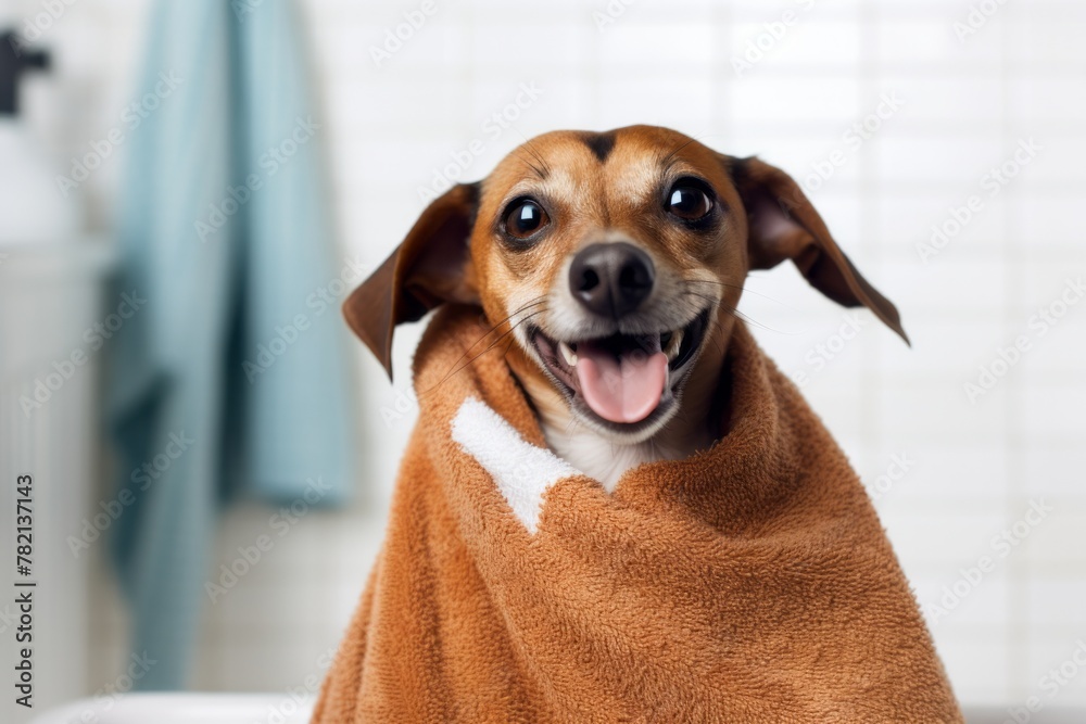 Cute happy puppy dog wrapped in towel after bath just washed at home ...