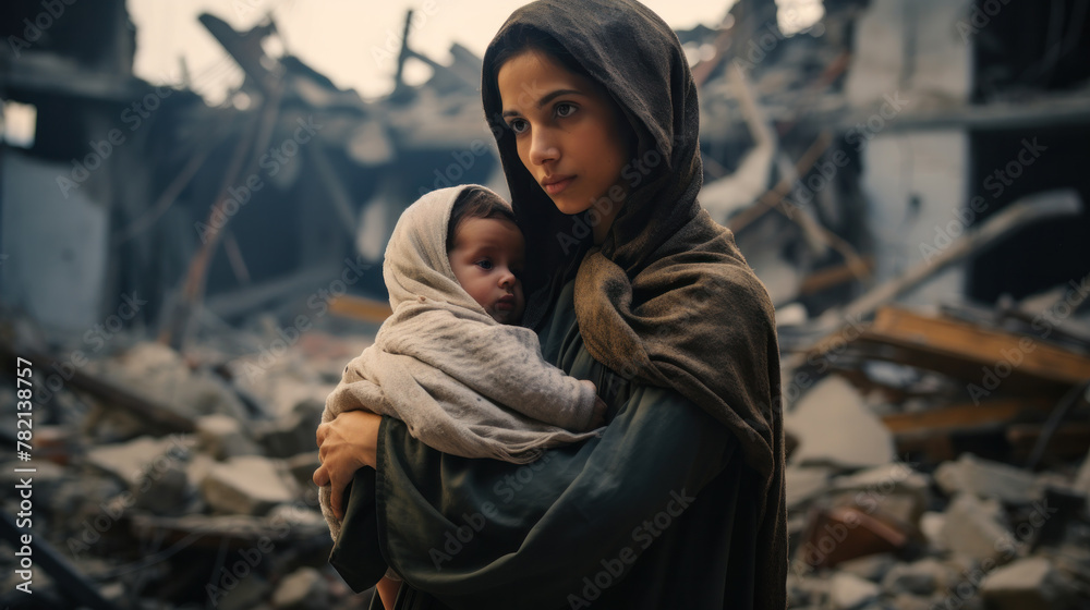 Mother holds child in her arms against backdrop of ruins. Concept of ...