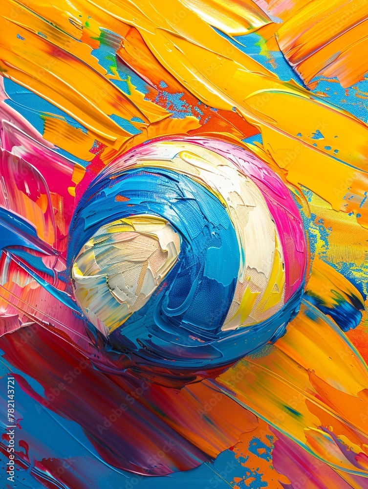 Vibrant abstract of a beach volleyball ball, oil paint with palette ...