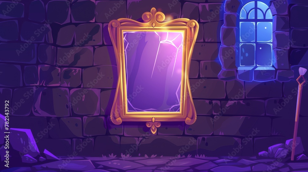 In a medieval castle, a richly decorated mirror with a mysterious glow ...