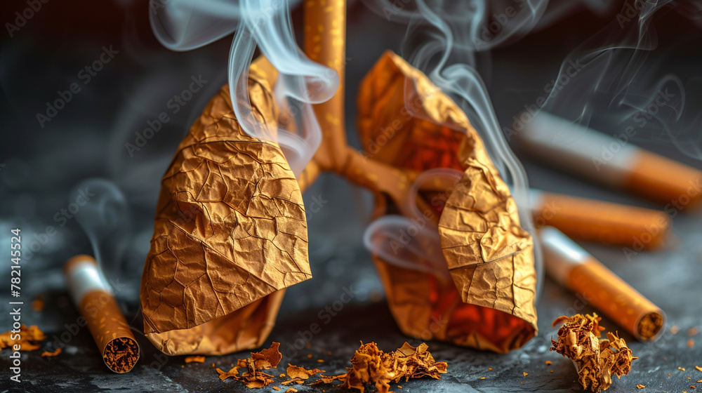 Conceptual image of damaged lungs made of crumpled paper with ...