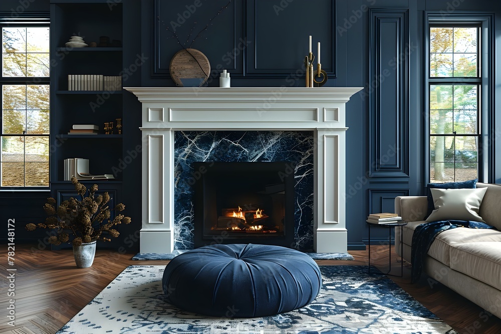 Elegant Navy Blue Living Room with Marble Fireplace. Concept Home Decor ...