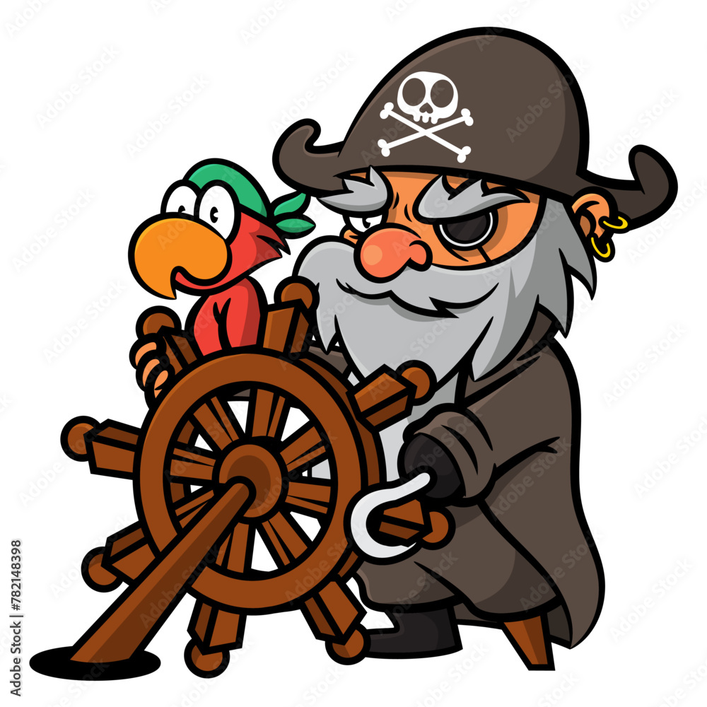 Captain Pirates cartoon characters driving wheels and sailing with a ...