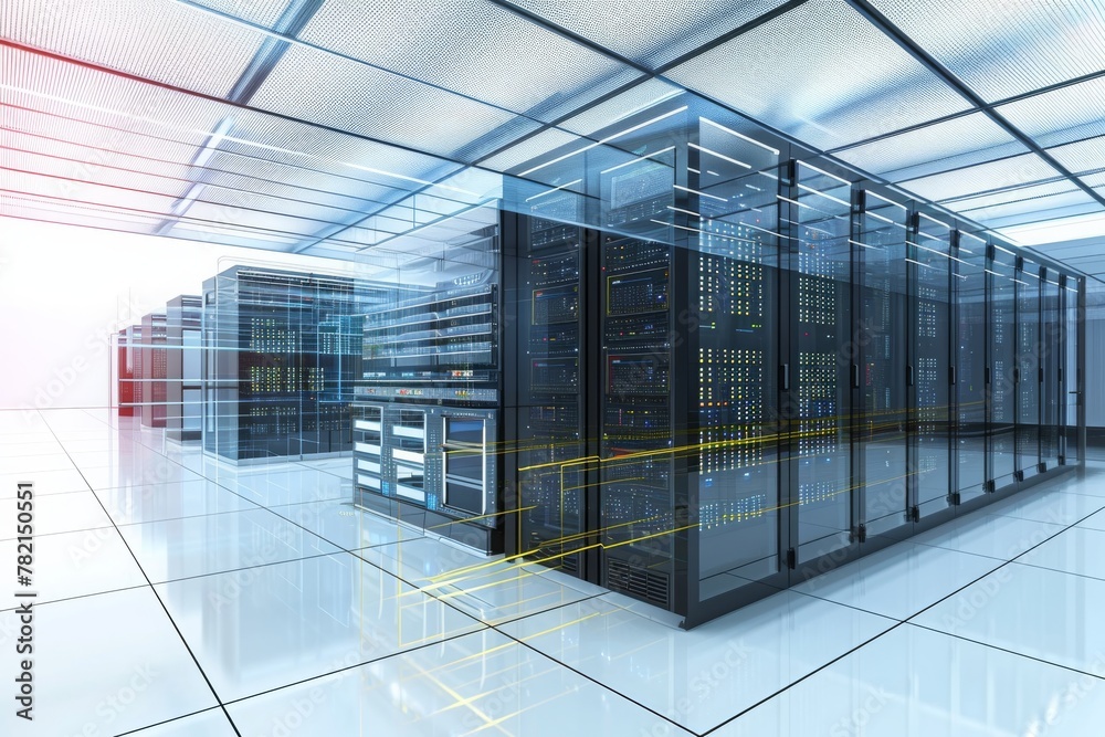 This photo captures a bustling room packed with numerous servers ...