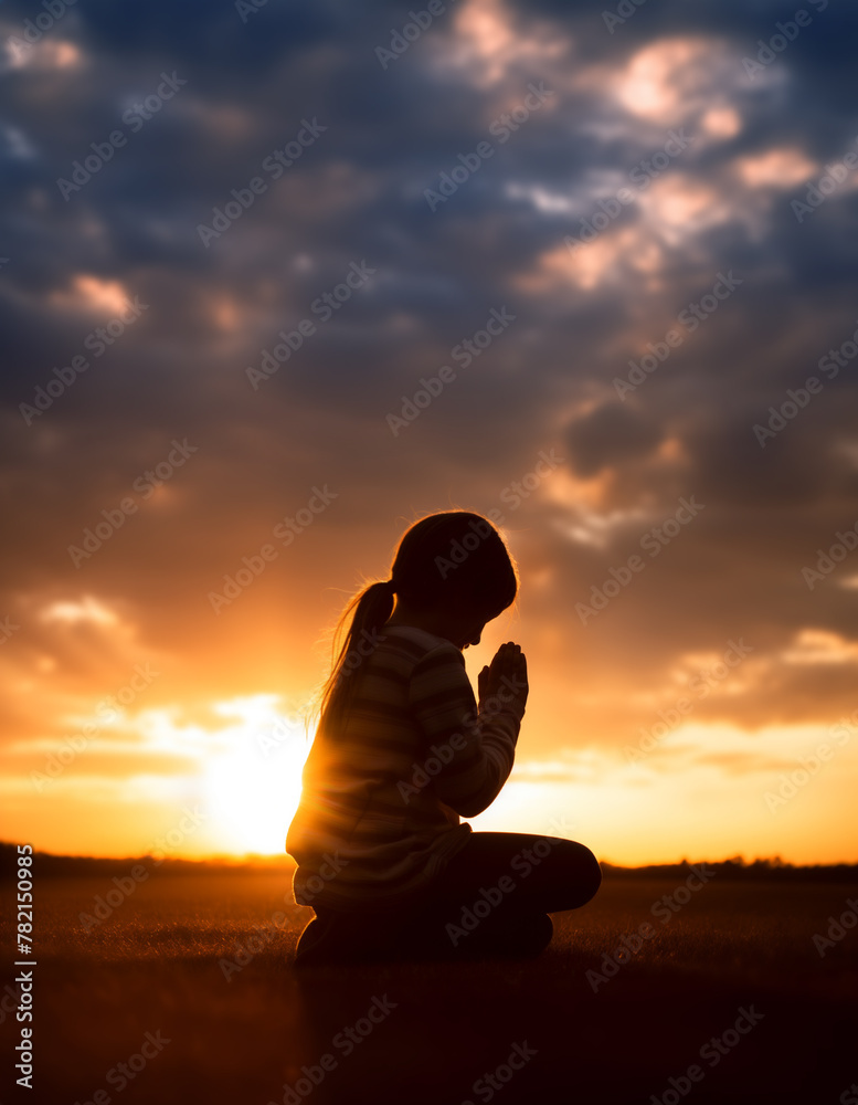 Prayer concept. Silhouette of a girl child youth in a praying pose. Set ...
