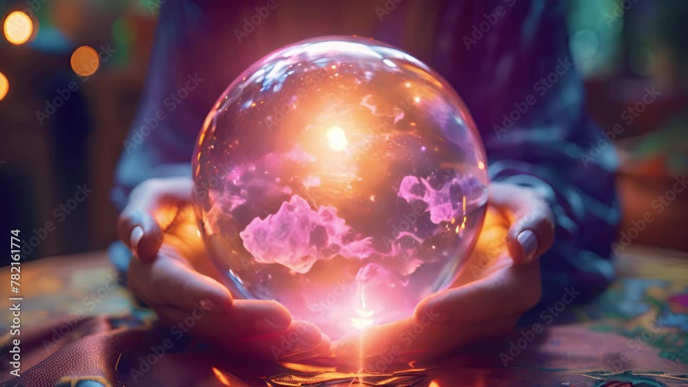 Magician or fortune teller with crystal ball looks into the future ...