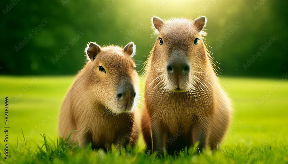 Two capybaras in a grassy field. The capybaras are in focus, with one ...