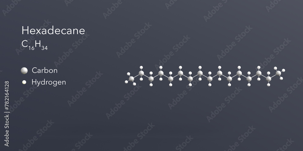 hexadecane molecule 3d rendering, flat molecular structure with ...