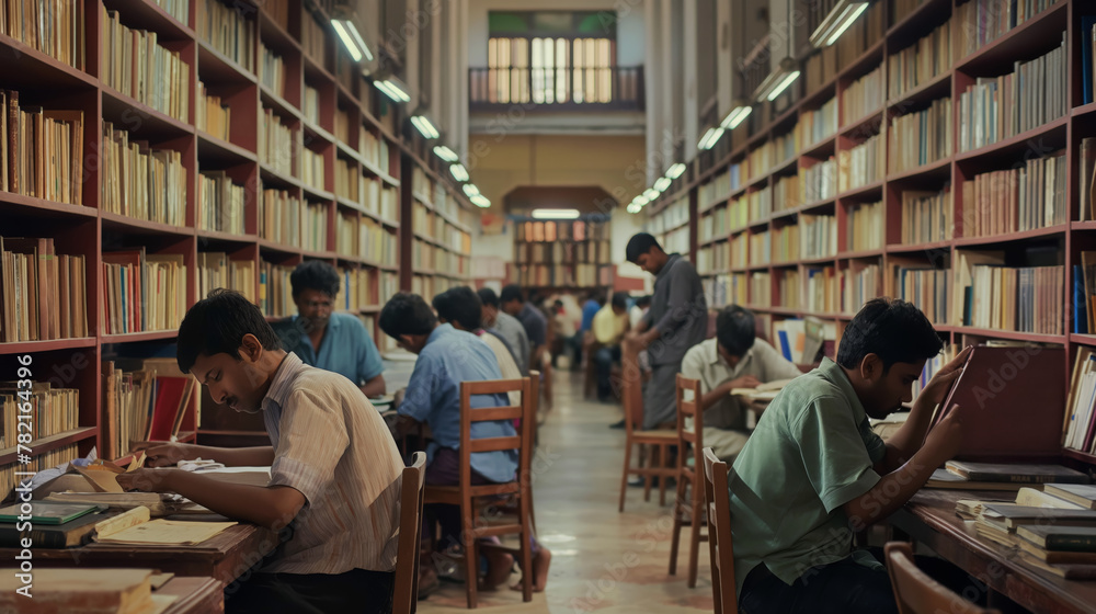 Indian college students studying in the college library, engaged in ...